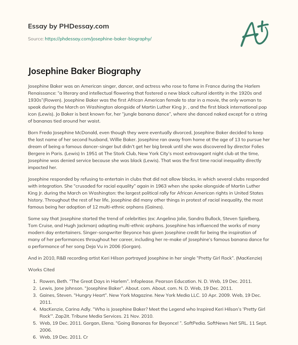 Josephine Baker Biography - PHDessay.com