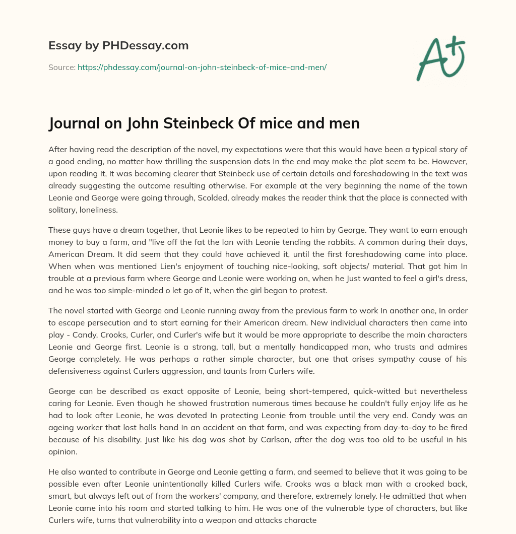 Journal on John Steinbeck Of mice and men - PHDessay.com