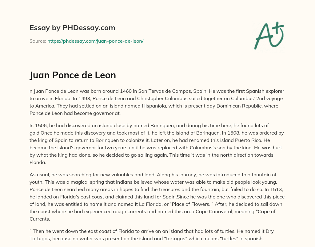 Juan Ponce de Leon (300 Words) - PHDessay.com