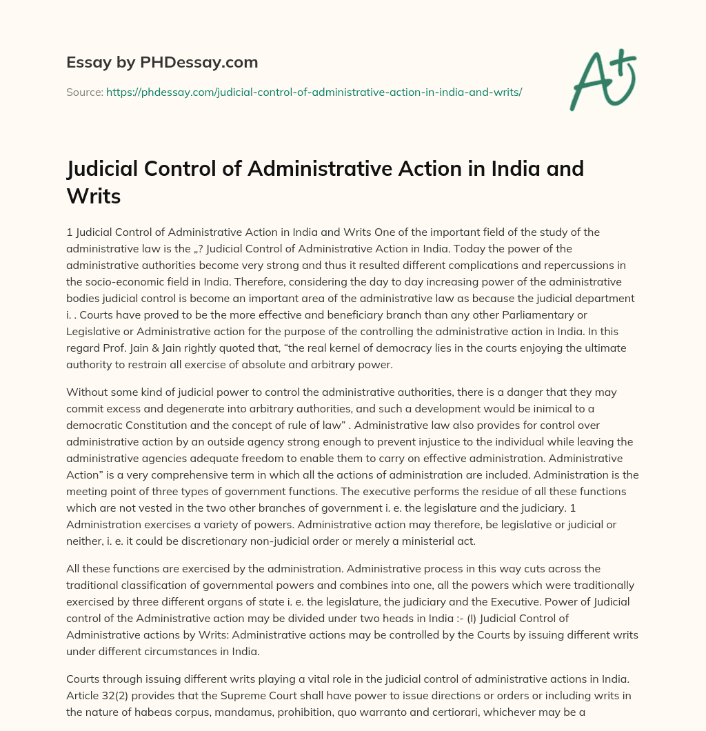 Judicial Control of Administrative Action in India and Writs - PHDessay.com