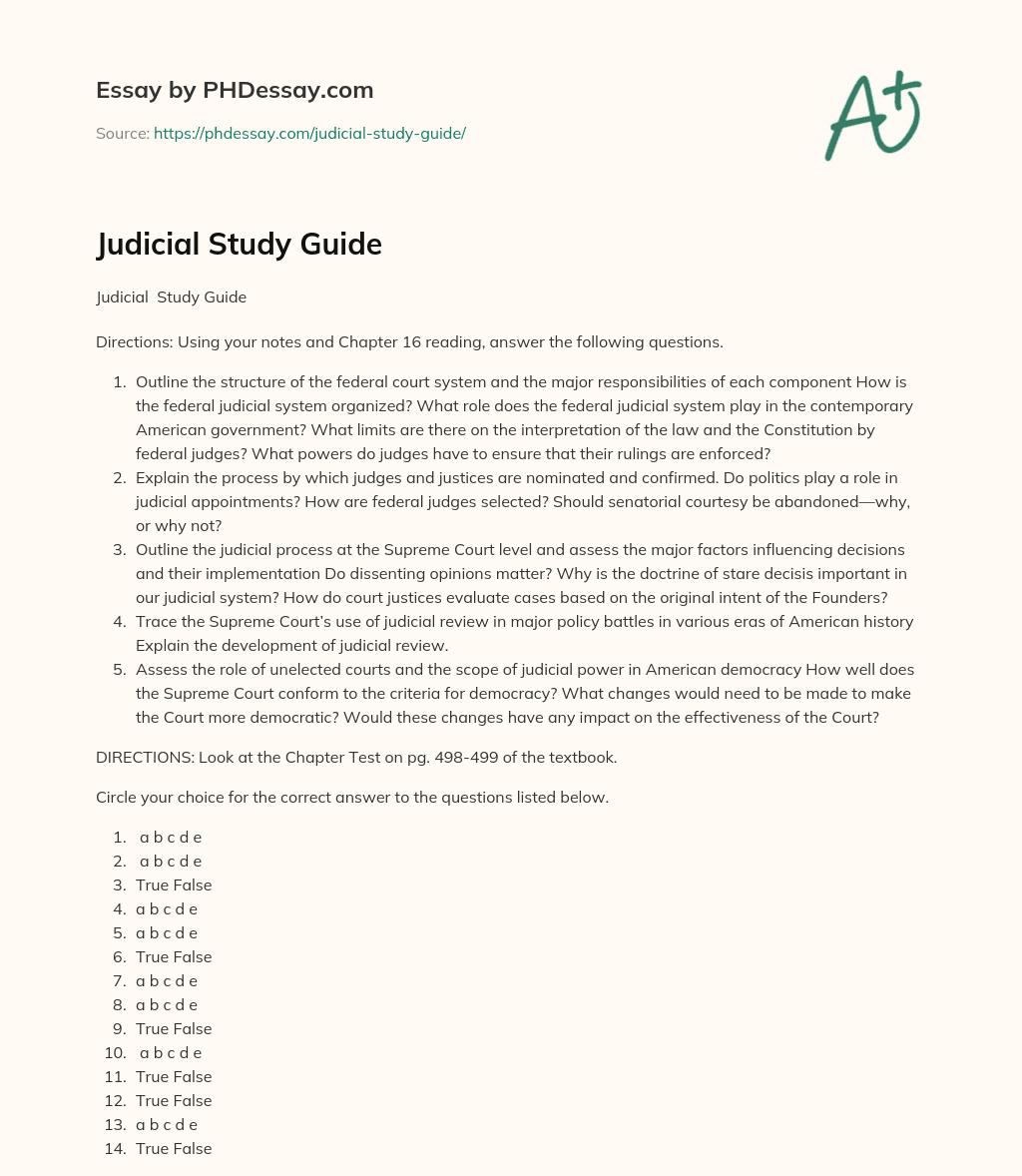 Judicial Study Guide (300 Words) - PHDessay.com