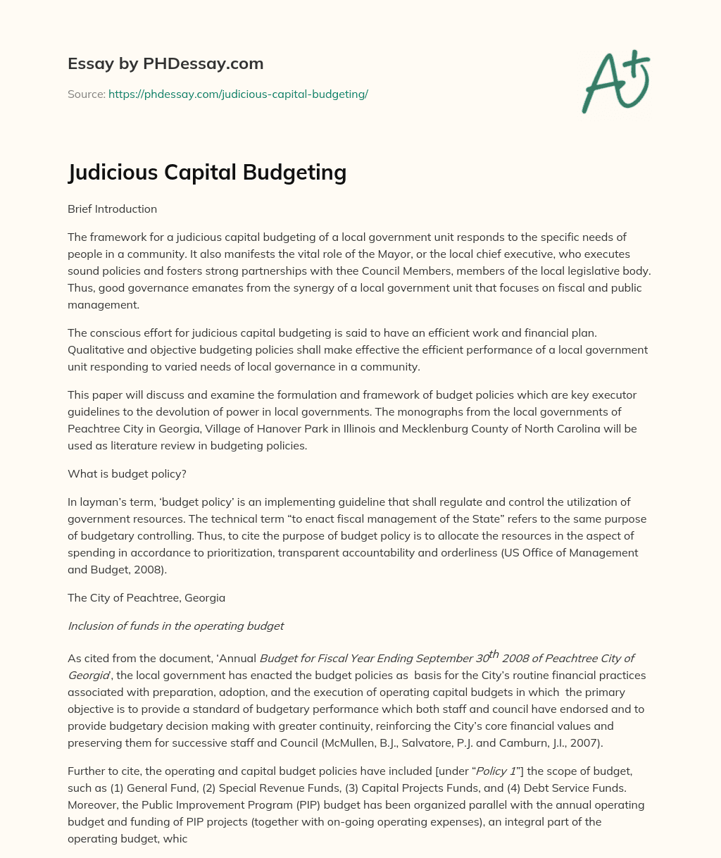 Judicious Capital Budgeting - PHDessay.com