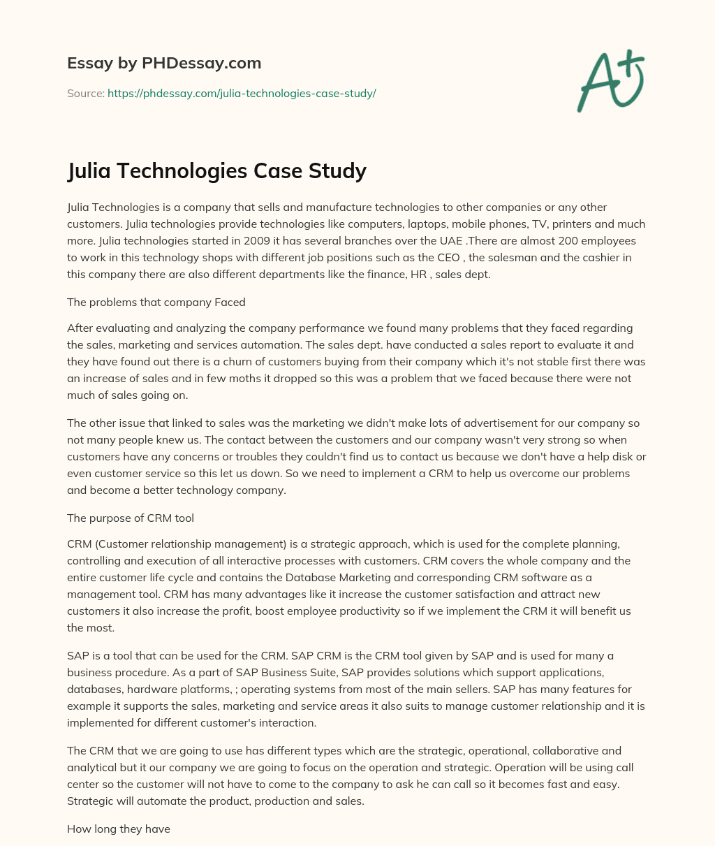 Julia Technologies Case Study - PHDessay.com