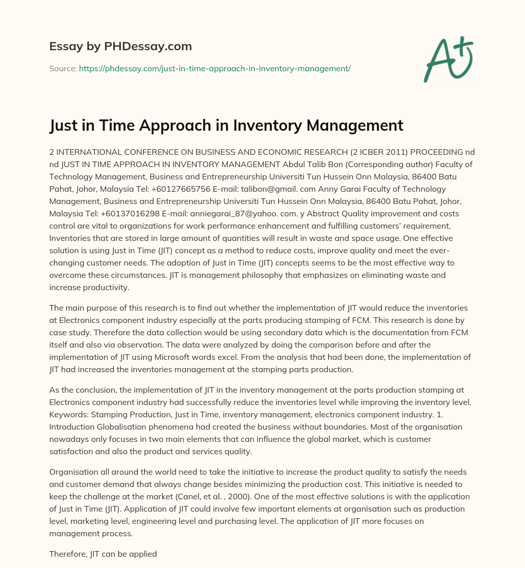 Just in Time Approach in Inventory Management - PHDessay.com
