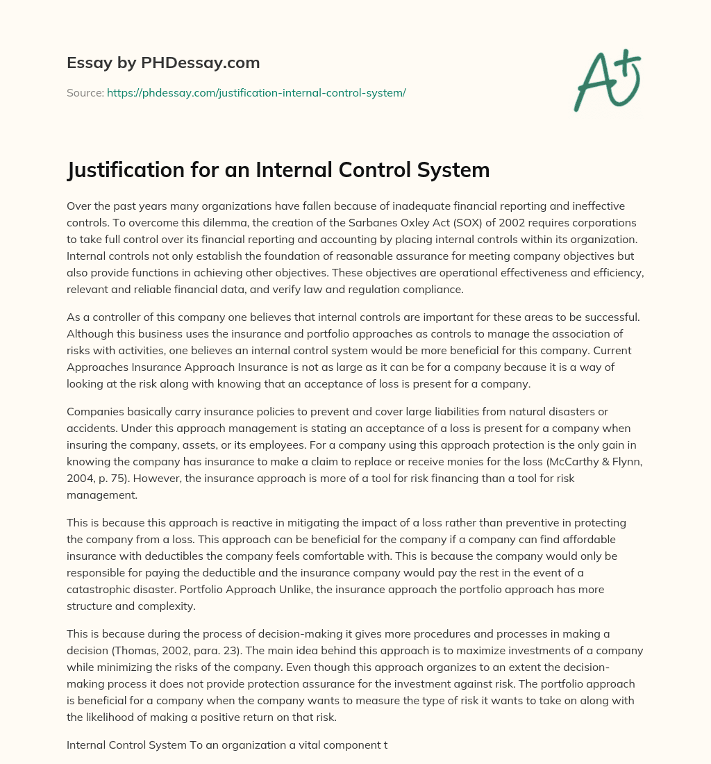 Justification for an Internal Control System - PHDessay.com