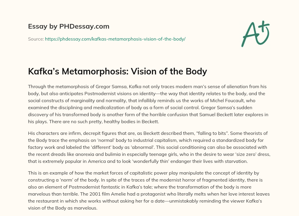 Kafka’s Metamorphosis: Vision of the Body (300 Words) - PHDessay.com