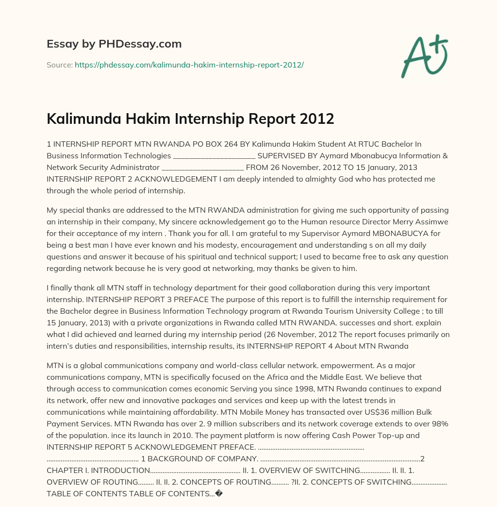 Kalimunda Hakim Internship Report 2012 - PHDessay.com