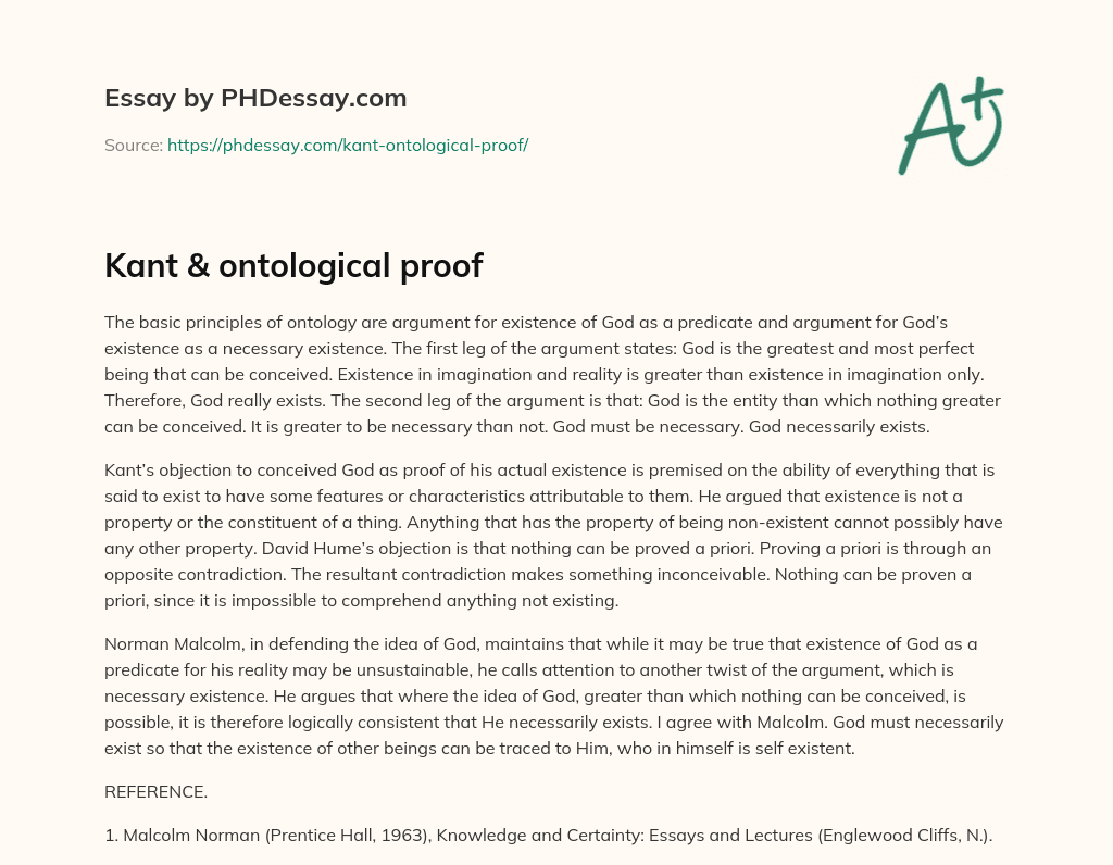 Kant & ontological proof (300 Words) - PHDessay.com