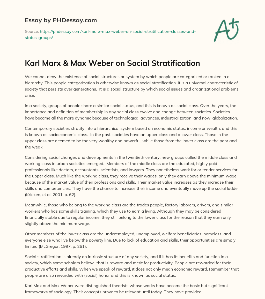 Karl Marx & Max Weber On Social Stratification Definition Essay Example ...