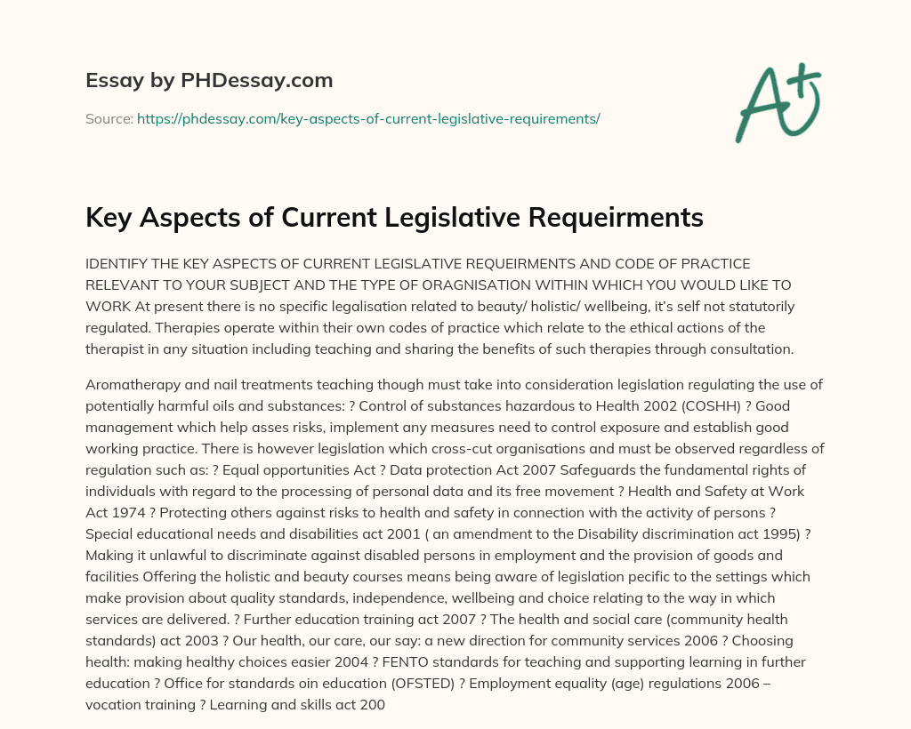 Key Aspects of Current Legislative Requeirments (300 Words) - PHDessay.com