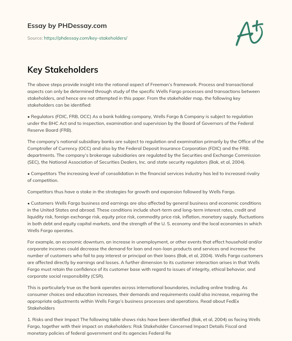 Key Stakeholders (600 Words) - PHDessay.com
