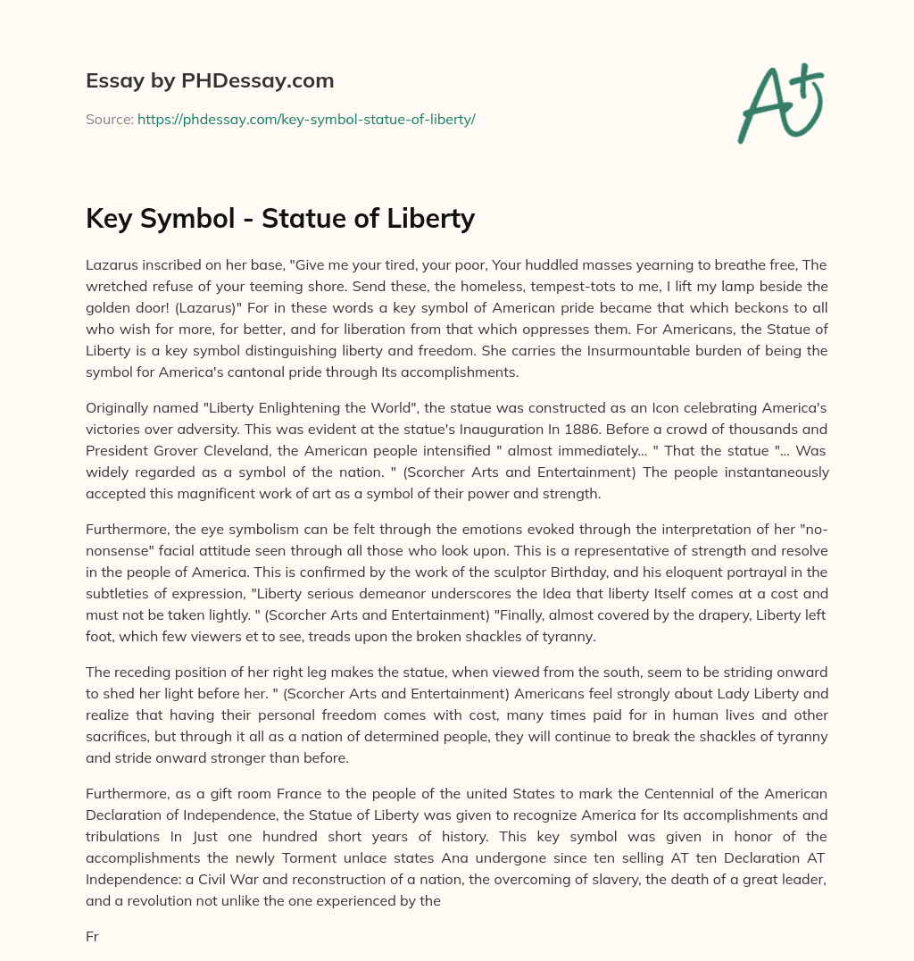 Key Symbol - Statue of Liberty - PHDessay.com