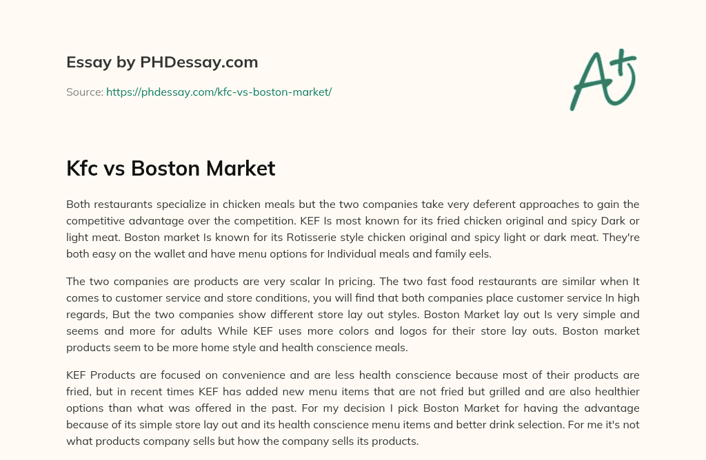 Kfc vs Boston Market (200 Words) - PHDessay.com