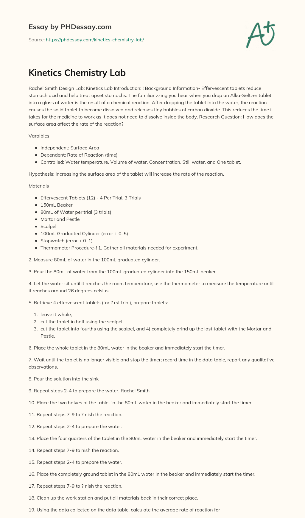 Kinetics Chemistry Lab - PHDessay.com
