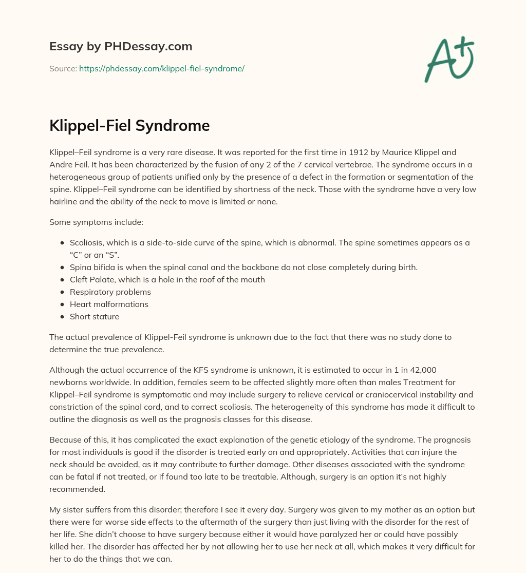 Klippel-Fiel Syndrome (400 Words) - PHDessay.com