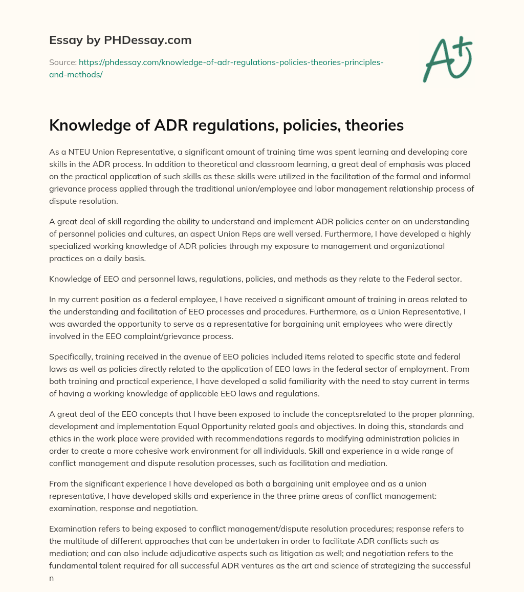 Knowledge of ADR regulations, policies, theories - PHDessay.com