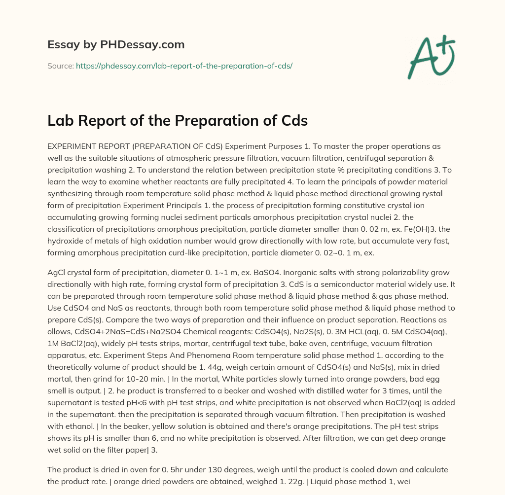 Lab Report of the Preparation of Cds - PHDessay.com