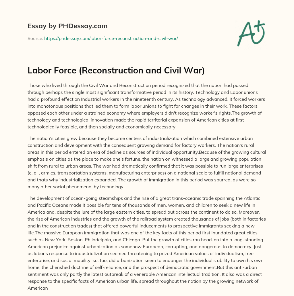 Labor Force (Reconstruction and Civil War) - PHDessay.com