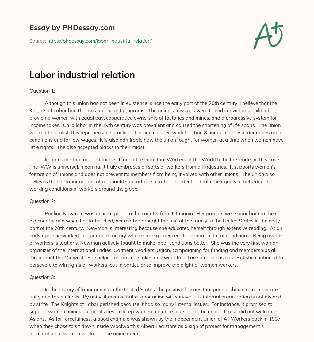 Labor industrial relation (500 Words) - PHDessay.com