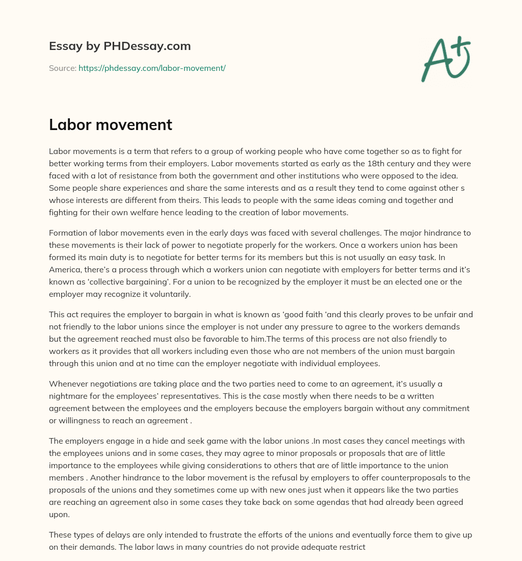 Labor movement - PHDessay.com