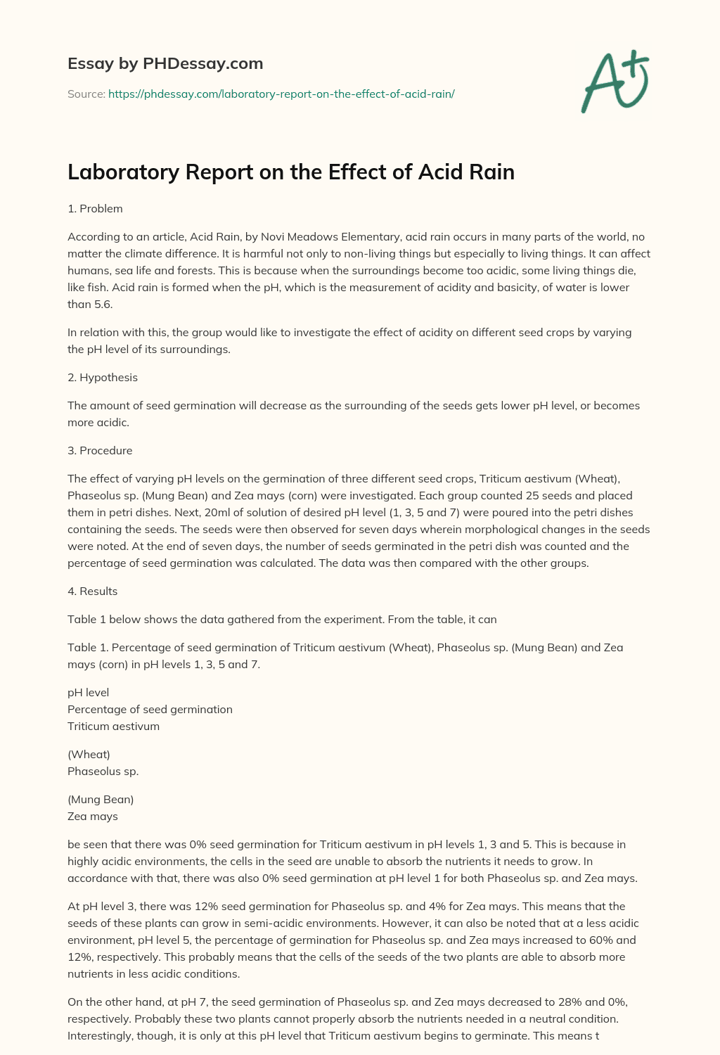 Laboratory Report on the Effect of Acid Rain - PHDessay.com