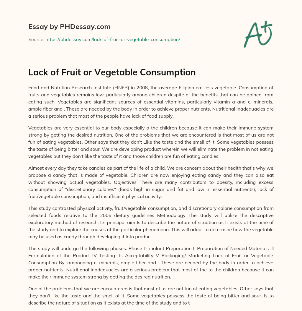 Lack of Fruit or Vegetable Consumption (500 Words) - PHDessay.com