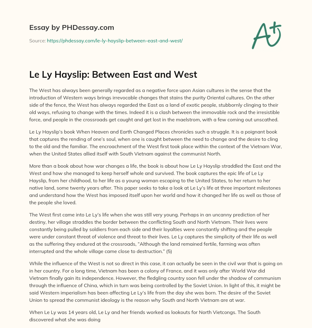 Le Ly Hayslip: Between East and West - PHDessay.com