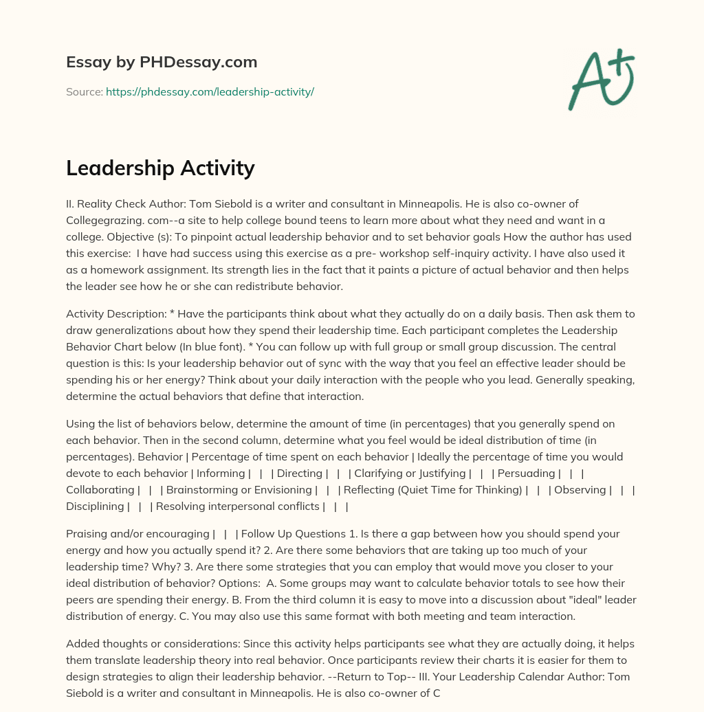 Leadership Activity - PHDessay.com
