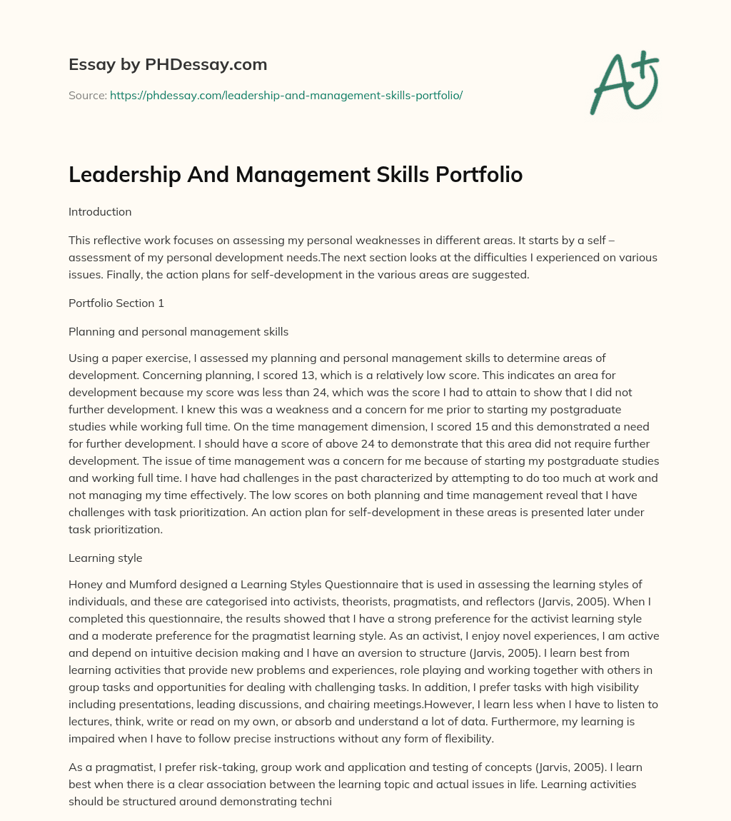 Leadership And Management Skills Portfolio - PHDessay.com