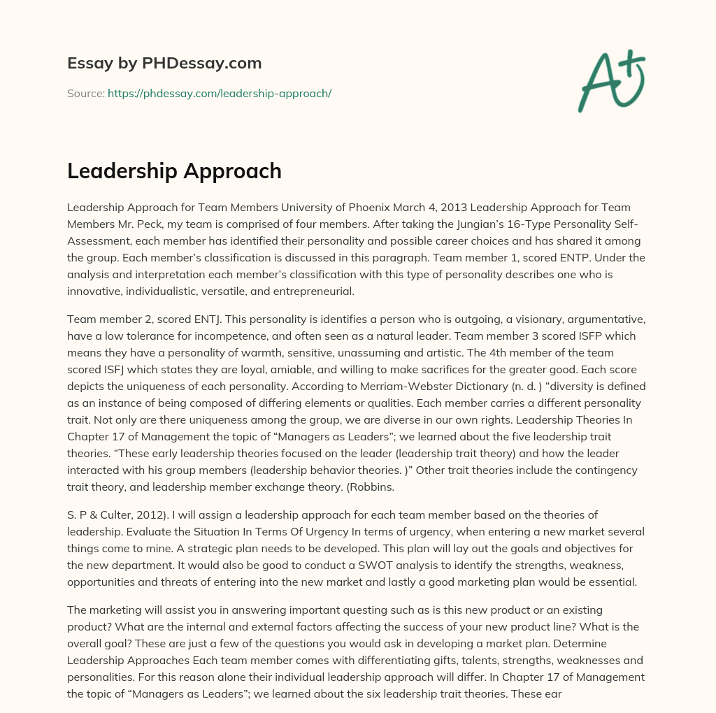 Leadership Approach 500 Words PHDessay Leadership Approach 500 Words PHDessay