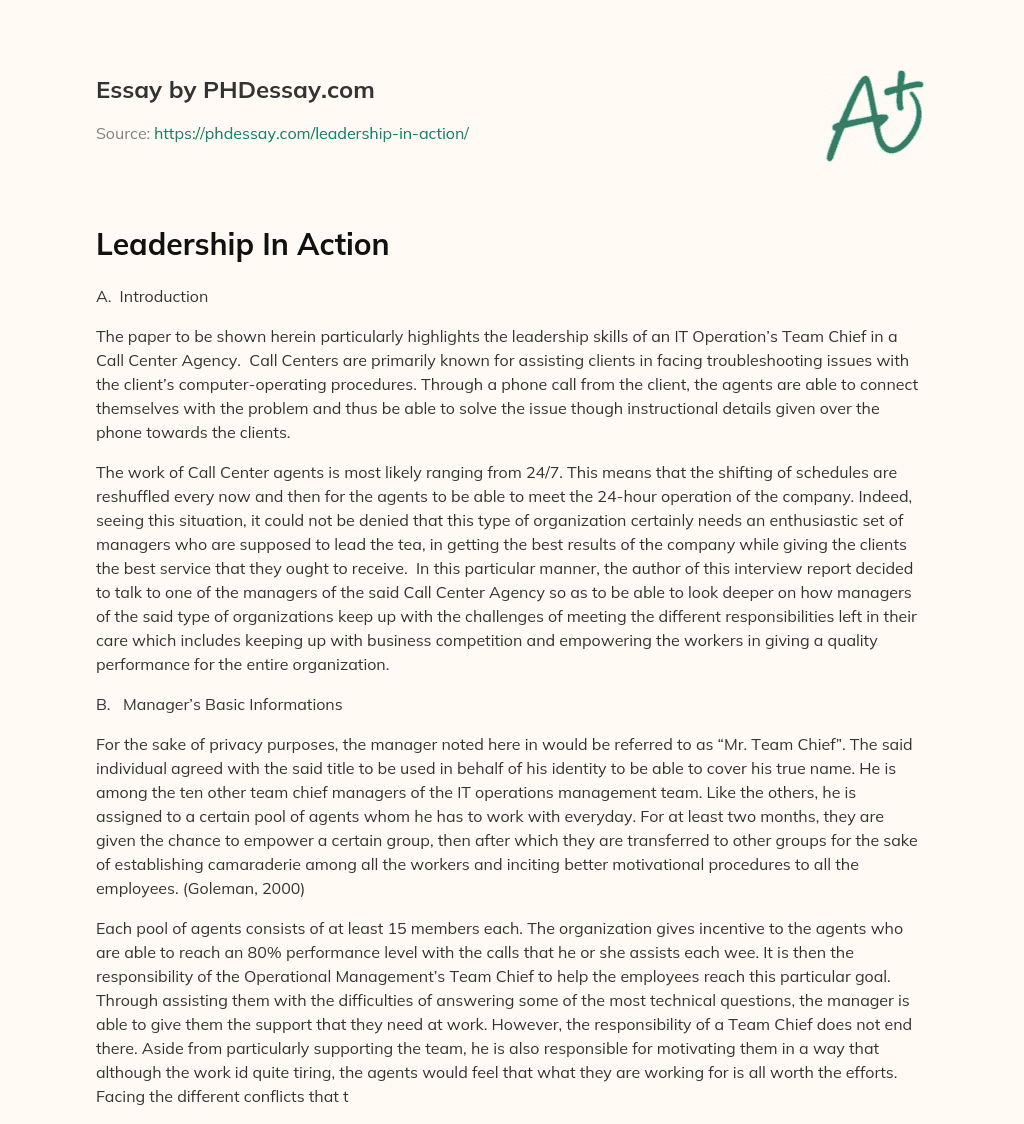 Leadership In Action - PHDessay.com