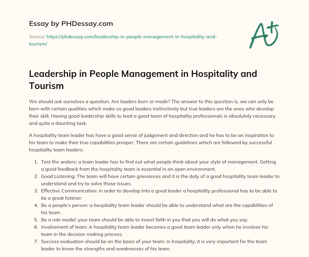 Leadership In People Management In Hospitality And Tourism Essay ...