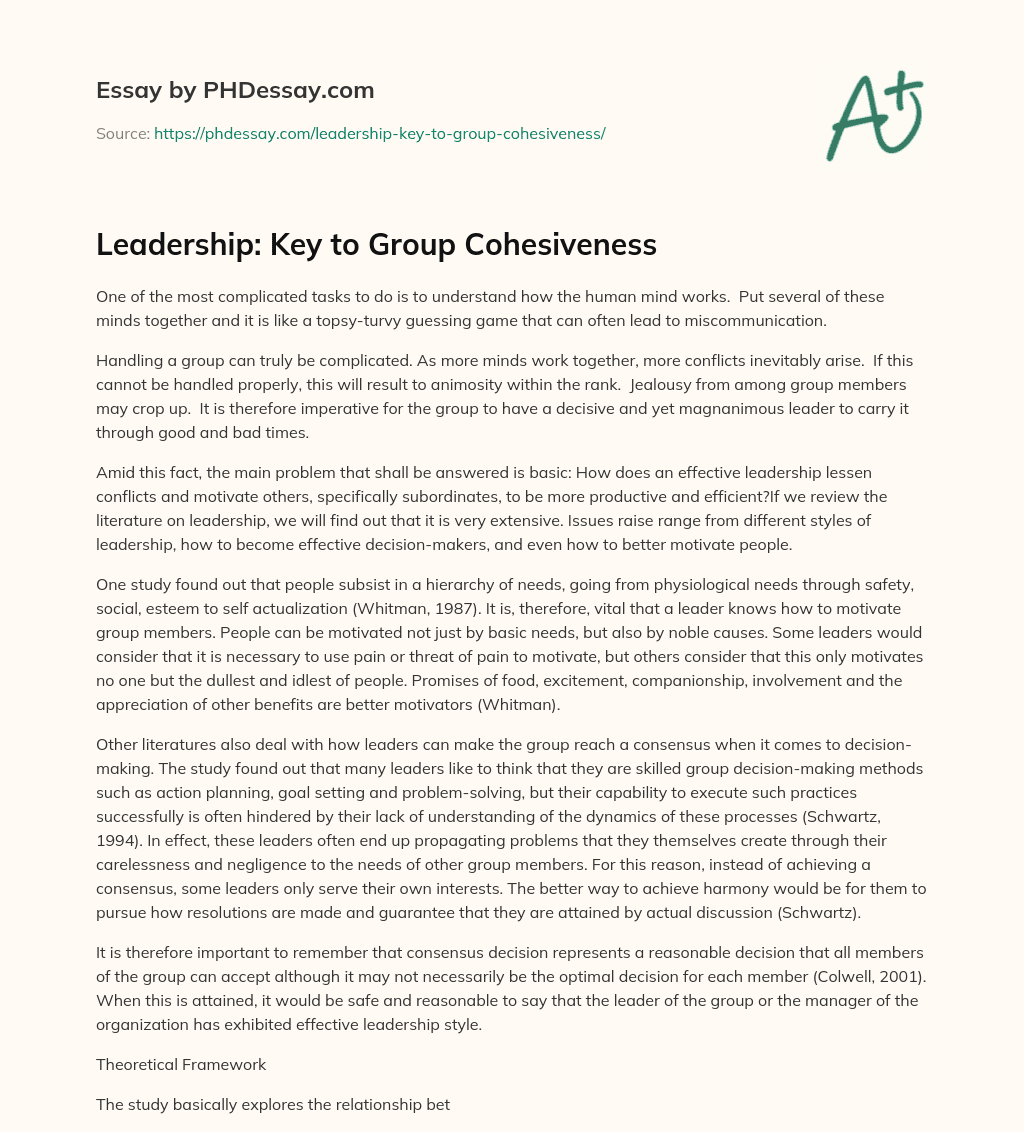 Leadership: Key to Group Cohesiveness - PHDessay.com