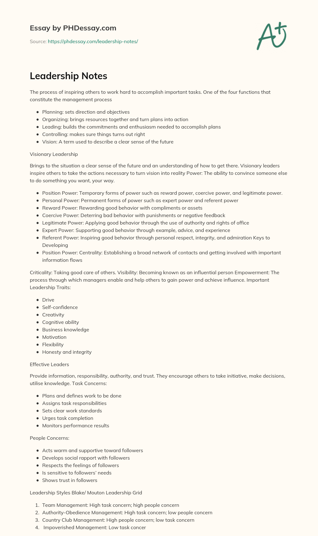 Leadership Notes - PHDessay.com