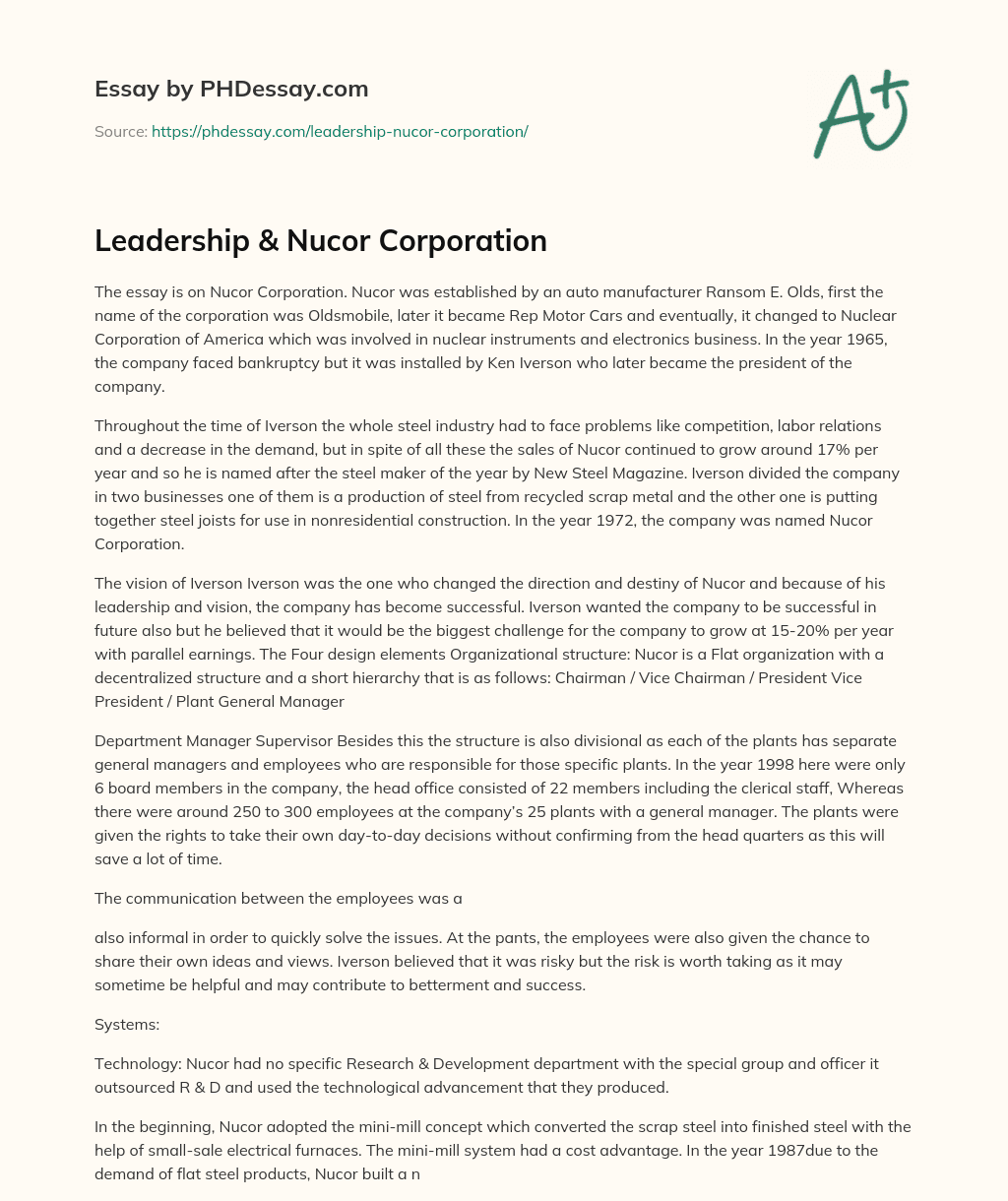 Leadership & Nucor Corporation - PHDessay.com
