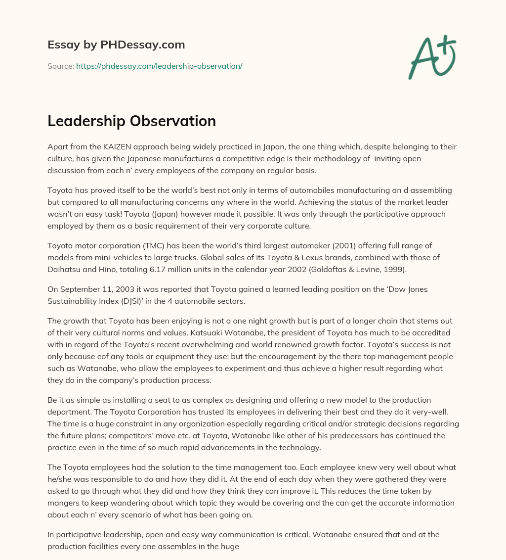 Leadership Observation - PHDessay.com
