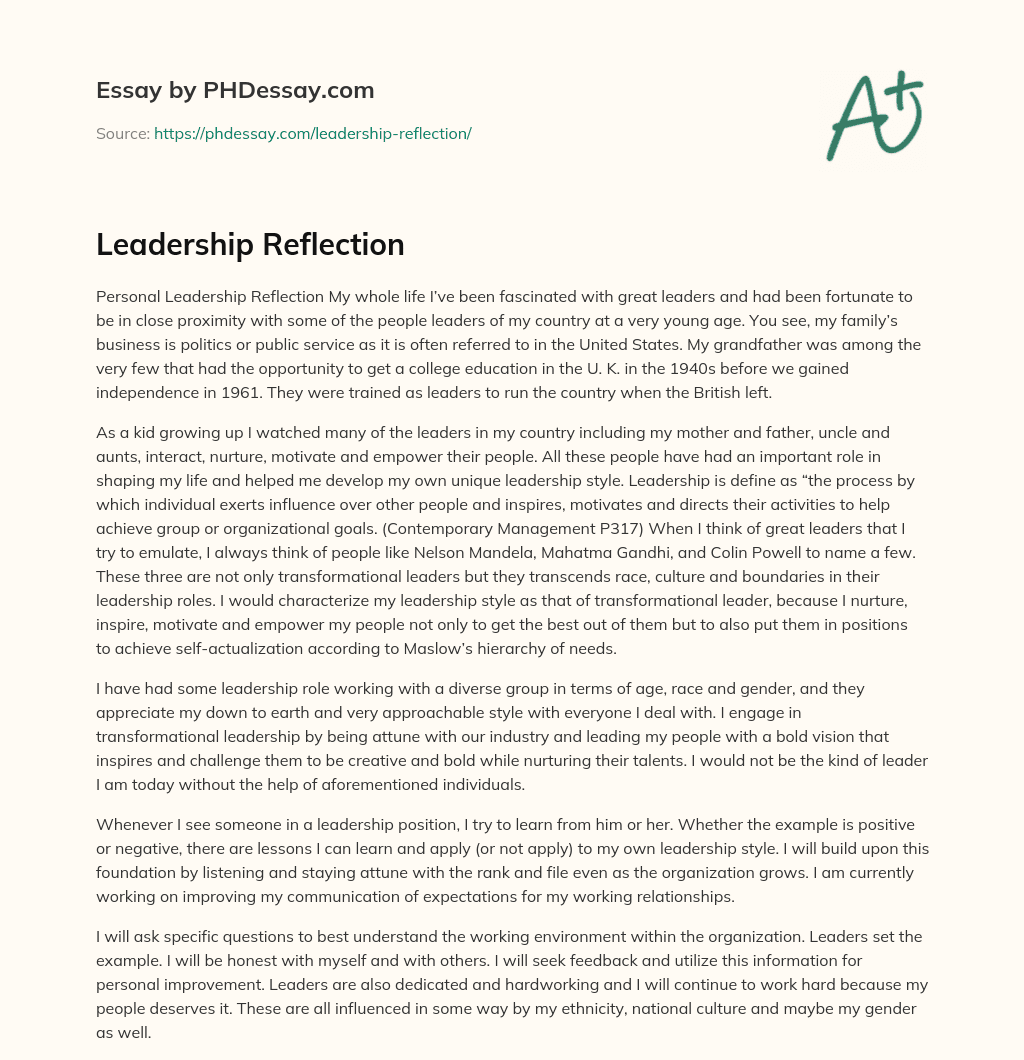 Leadership Reflection (600 Words) - PHDessay.com