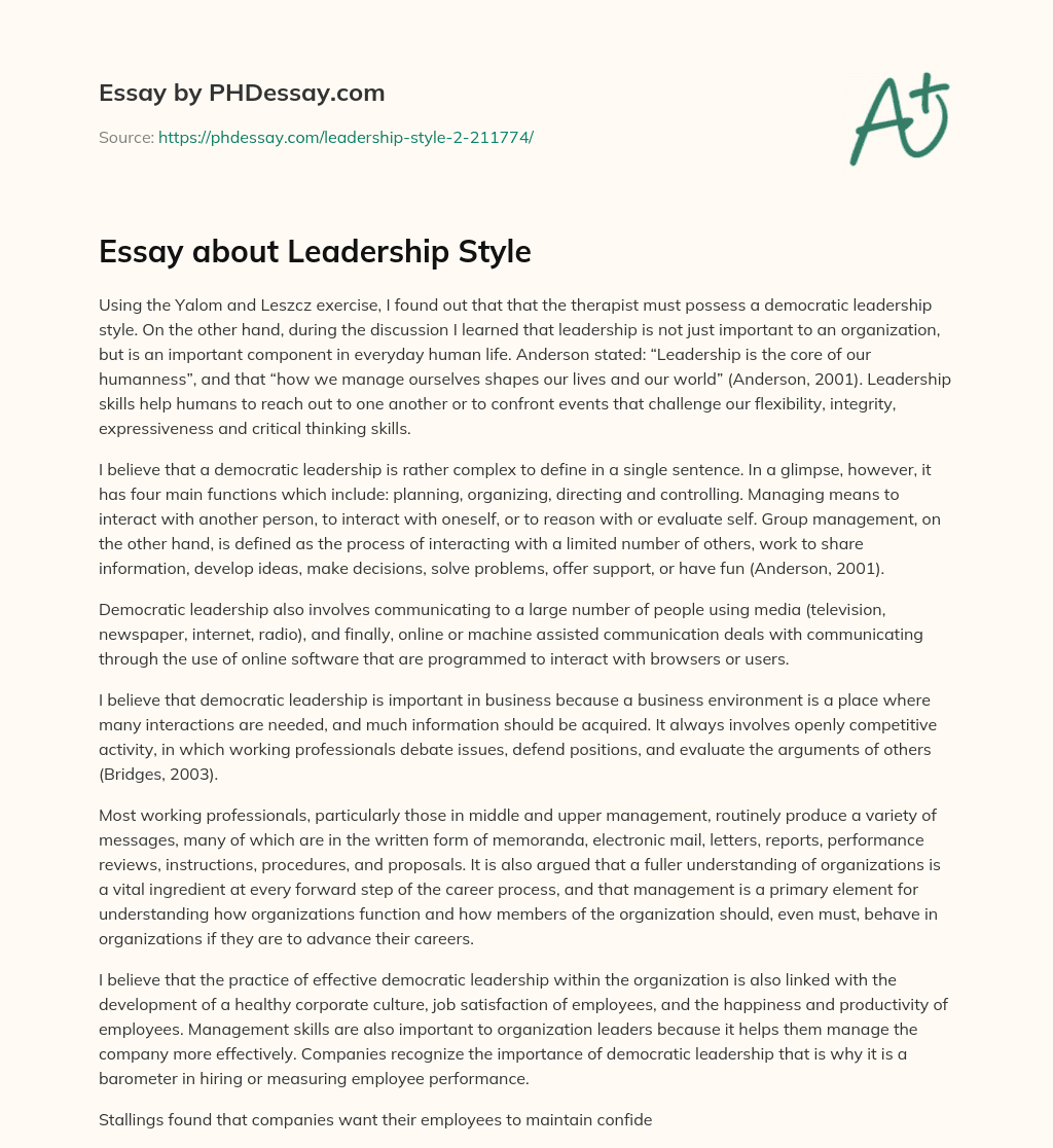 Essay about Leadership Style - PHDessay.com