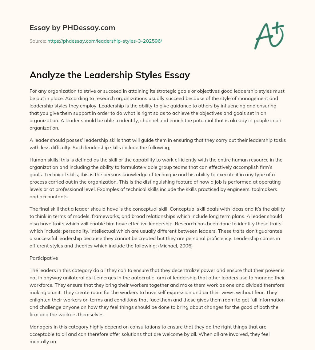 Analyze the Leadership Styles Essay - PHDessay.com