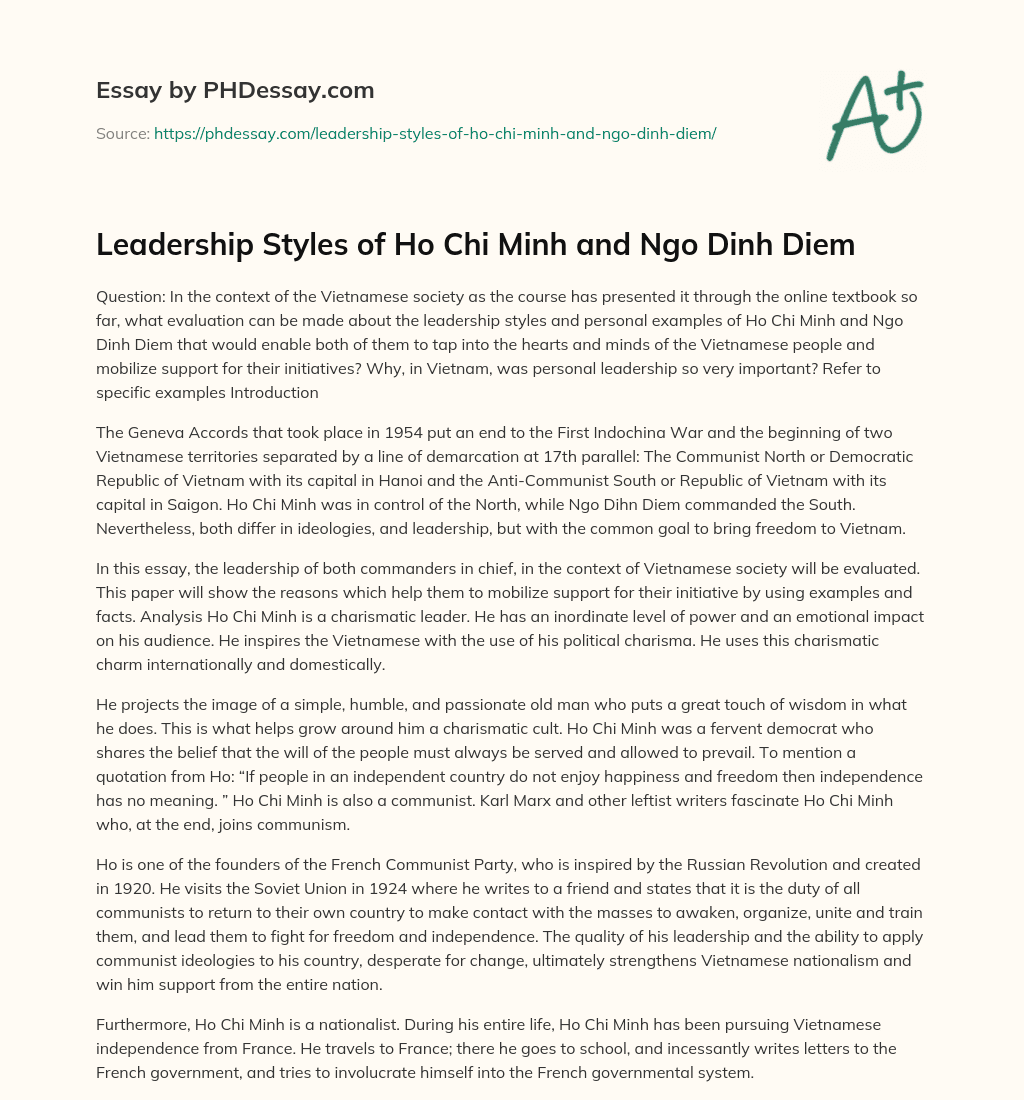Leadership Styles of Ho Chi Minh and Ngo Dinh Diem - PHDessay.com
