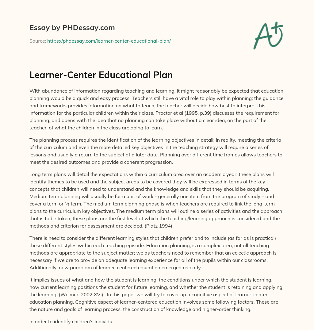 Learner-Center Educational Plan - PHDessay.com