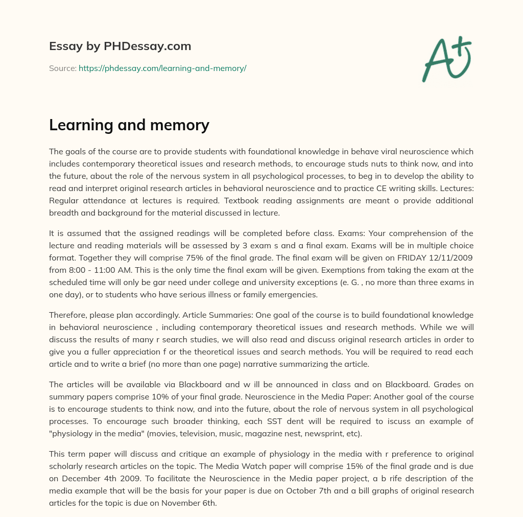 Learning and memory (500 Words) - PHDessay.com