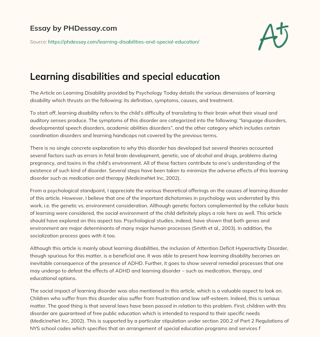 Learning disabilities and special education - PHDessay.com