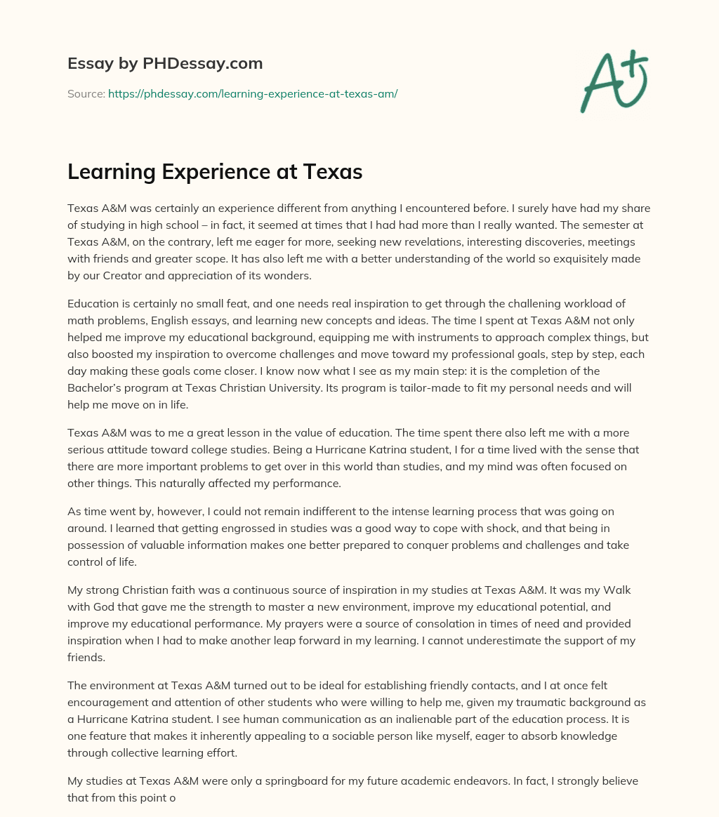 Learning Experience at Texas - PHDessay.com