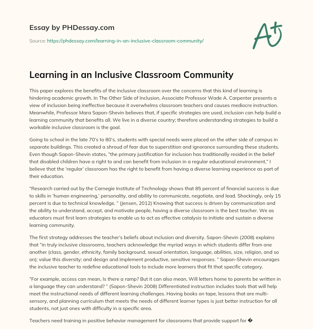 Learning in an Inclusive Classroom Community - PHDessay.com