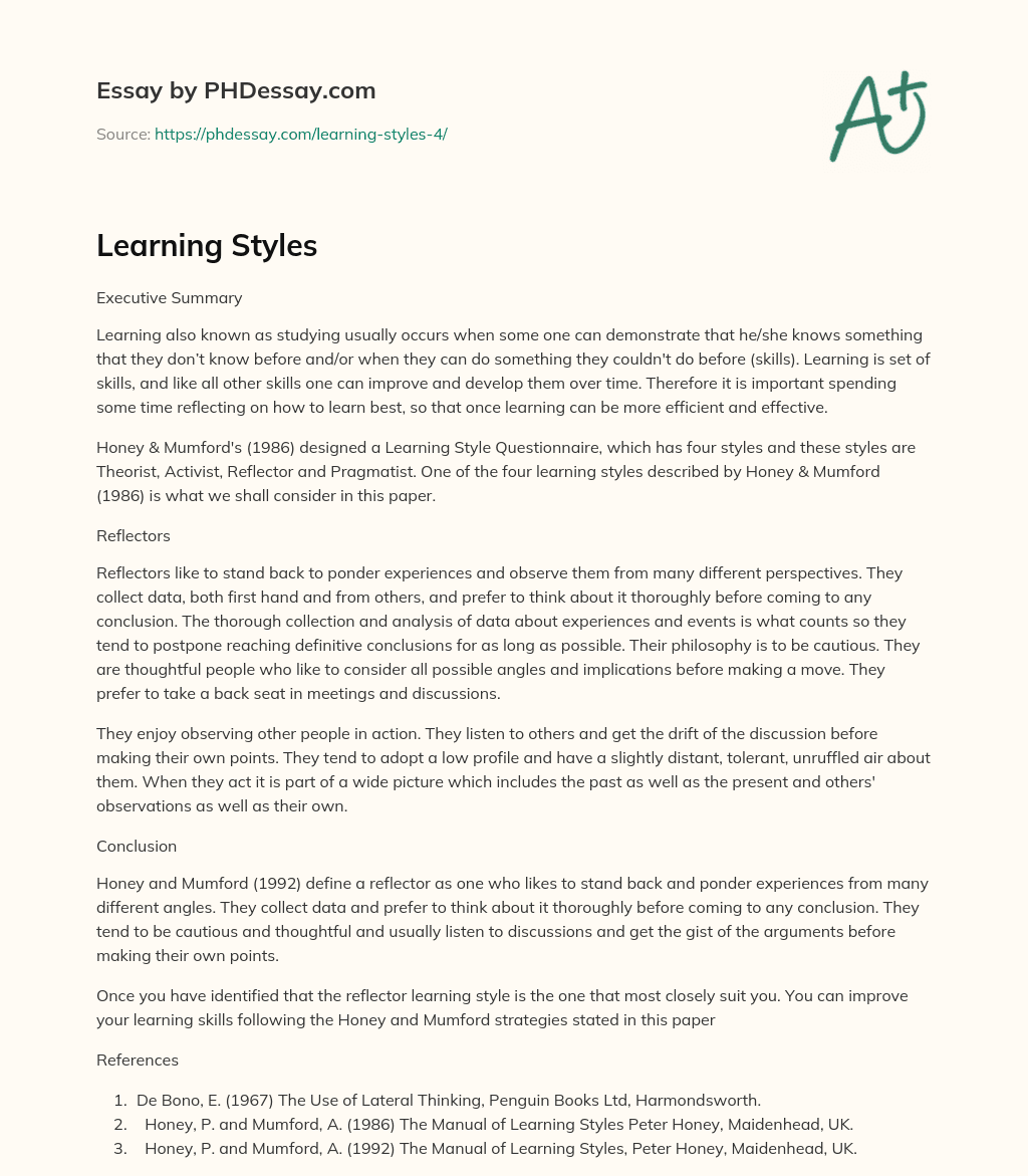 Learning Styles (400 Words) - PHDessay.com