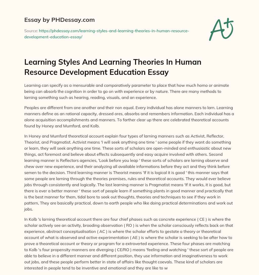 Learning Styles And Learning Theories In Human Resource Development Education Essay - PHDessay.com