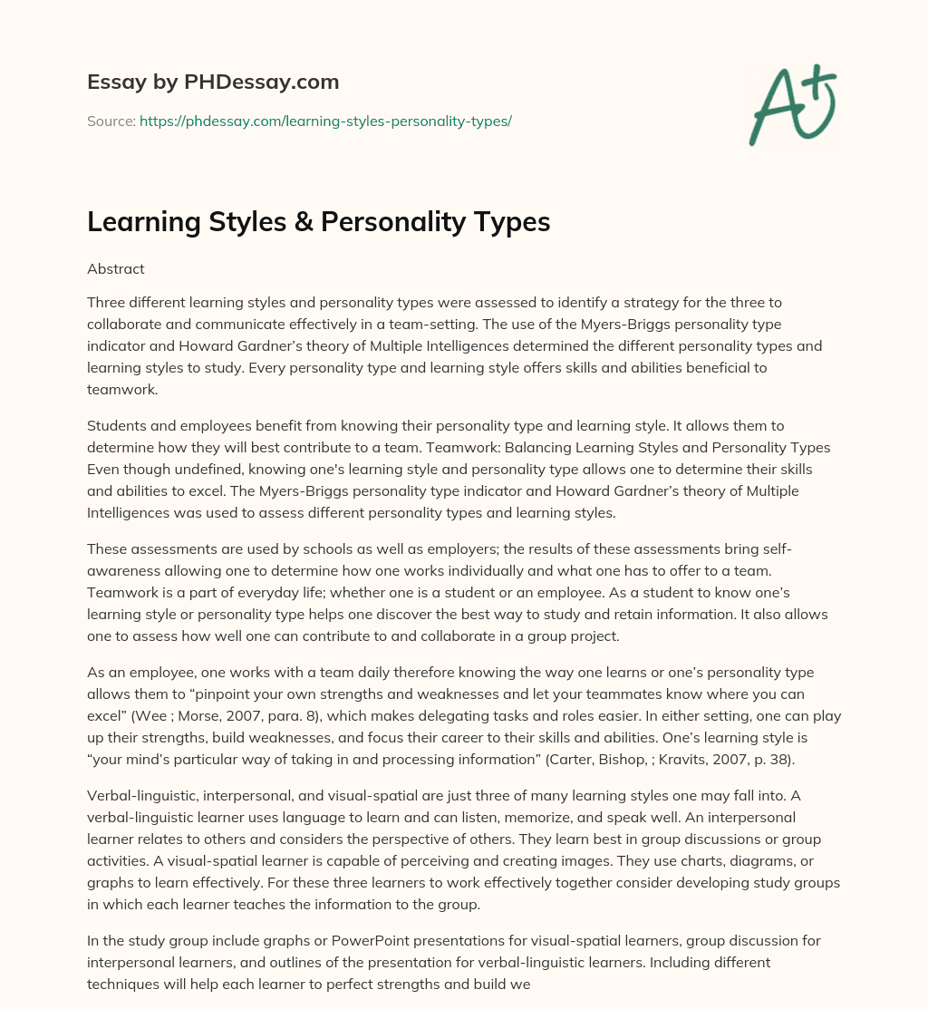 Learning Styles & Personality Types - PHDessay.com