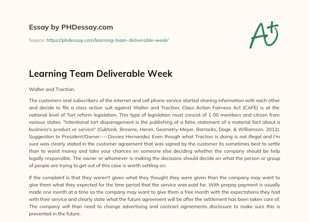 Learning Team Deliverable Week (300 Words) - PHDessay.com