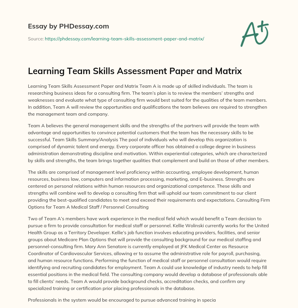 Learning Team Skills Assessment Paper and Matrix - PHDessay.com